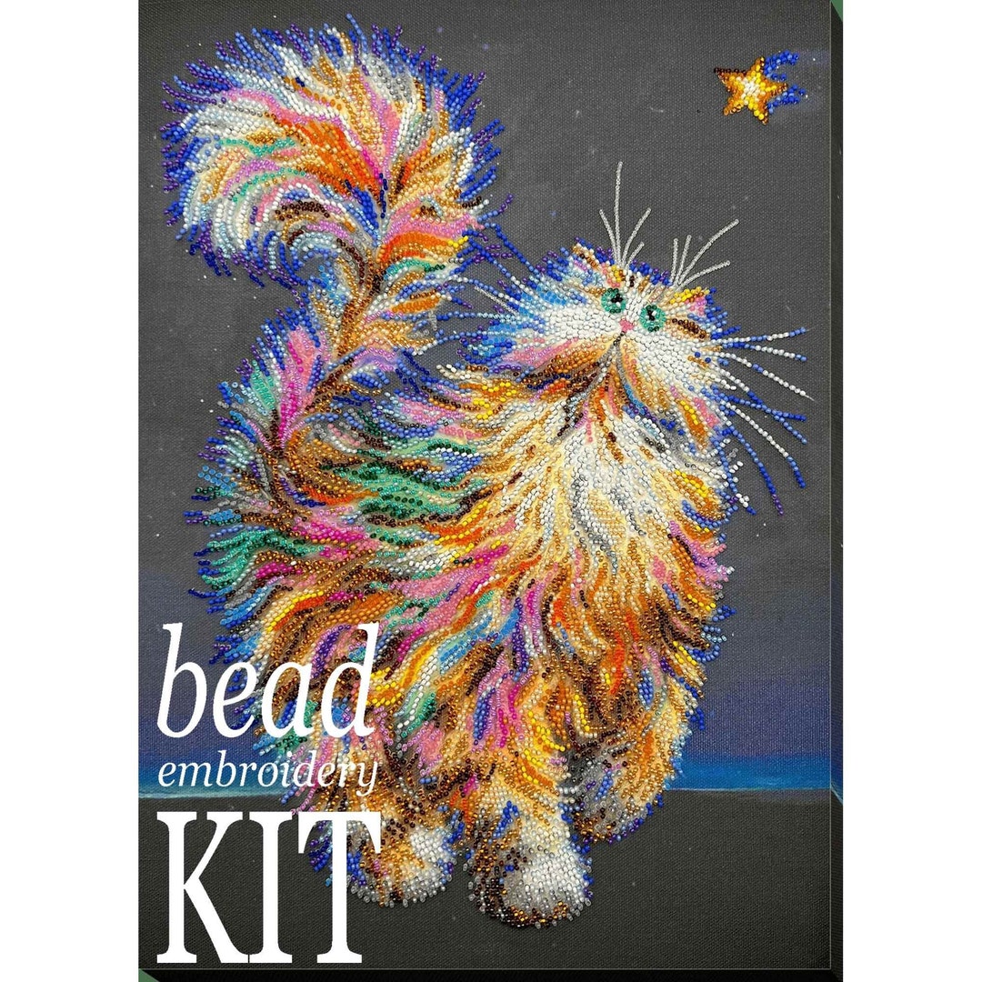 DIY Beadwork Kit Ginger Cat, Make a Wish Embroidery, Cute Animal Wall ...