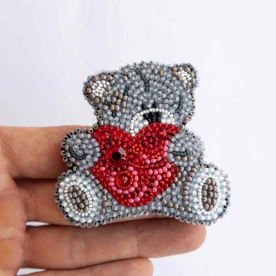 Bead Embroidery Kit Teddy Bear and Heart. Seed Bead Brooch Kit. DIY Craft Kit. Beading Kit ...