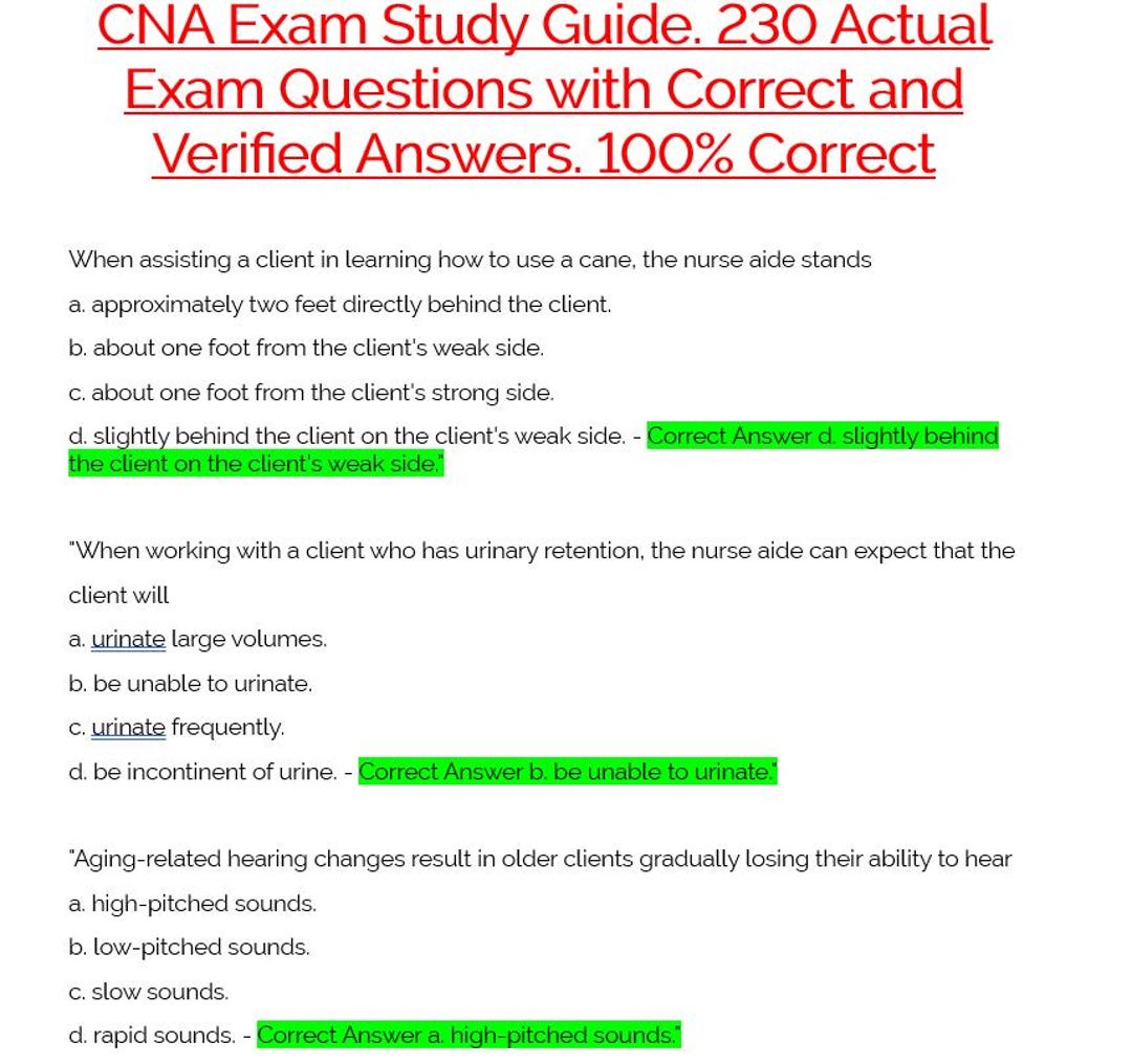 CNA Exam Study Guide: 230 Questions With Correct and Verified Answers ...