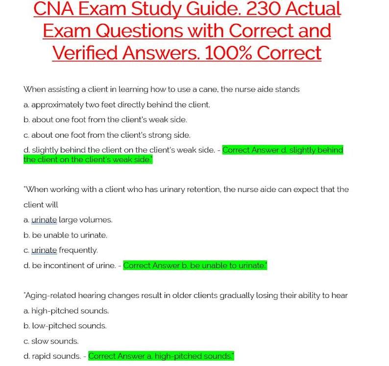 CNA Exam Study Guide: 230 Questions With Correct and Verified Answers ...