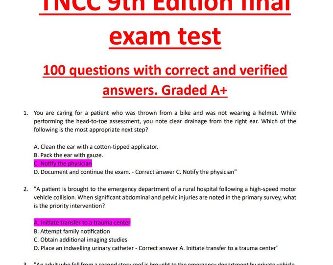 TNCC 9th Edition Final Exam Test 100 Questions With Correct and ...