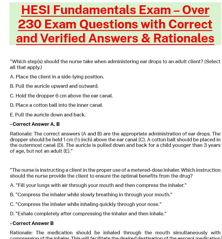 HESI Fundamentals Exam – Over 230 Exam Questions With Correct and ...