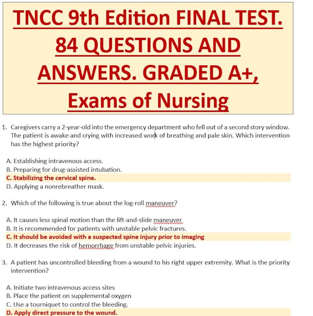 TNCC 9th Edition Final Exam - 84 Questions With Correct and Verified ...