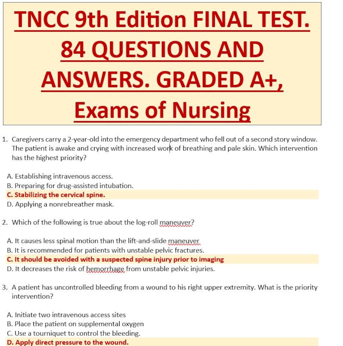 TNCC 9th Edition Final Exam - 84 Questions With Correct and Verified ...