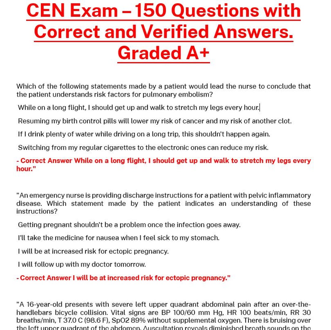CEN Exam – 150 Questions With Correct and Verified Answers. Graded A+ ...