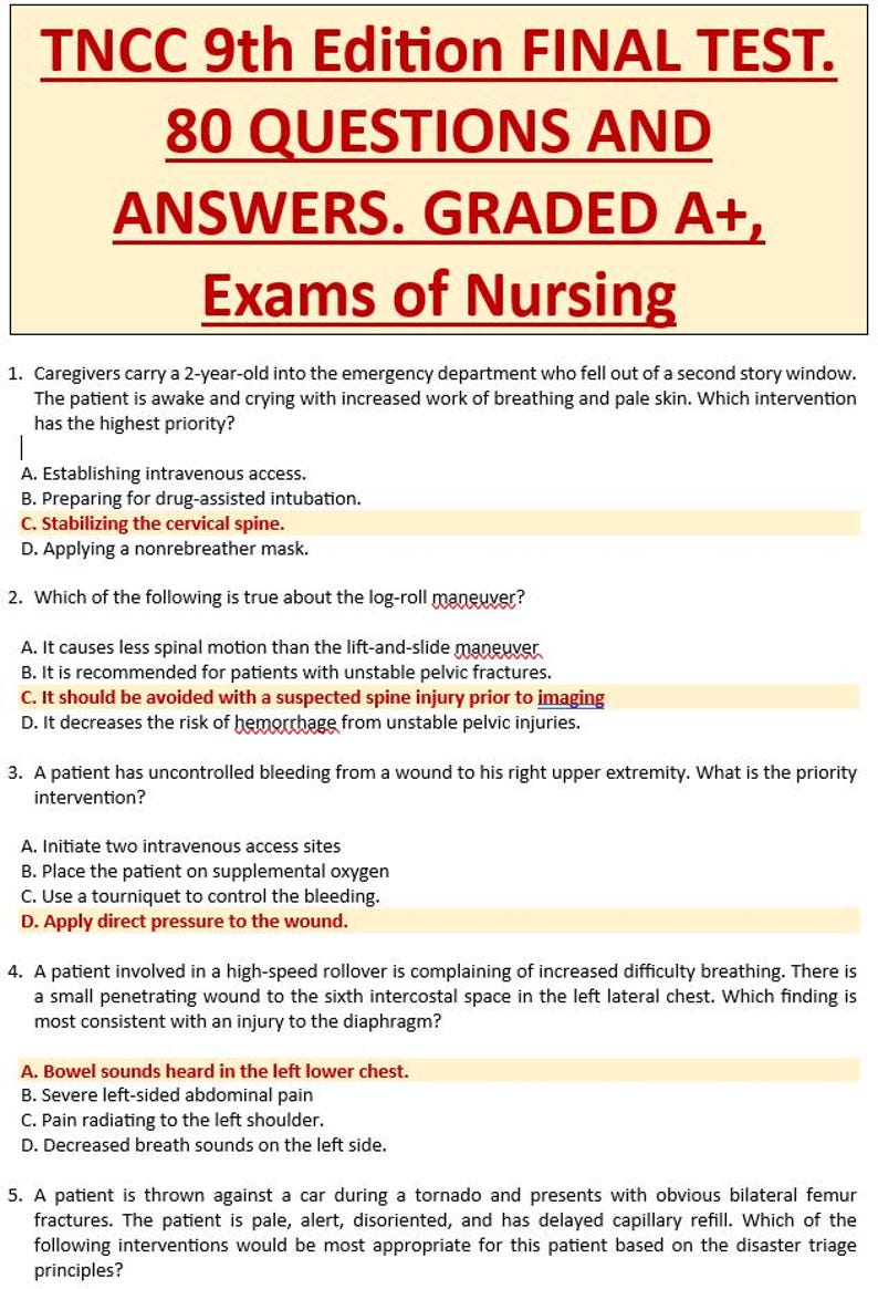 TNCC 9th Edition Final Exam - 80 Questions With Correct and Verified ...