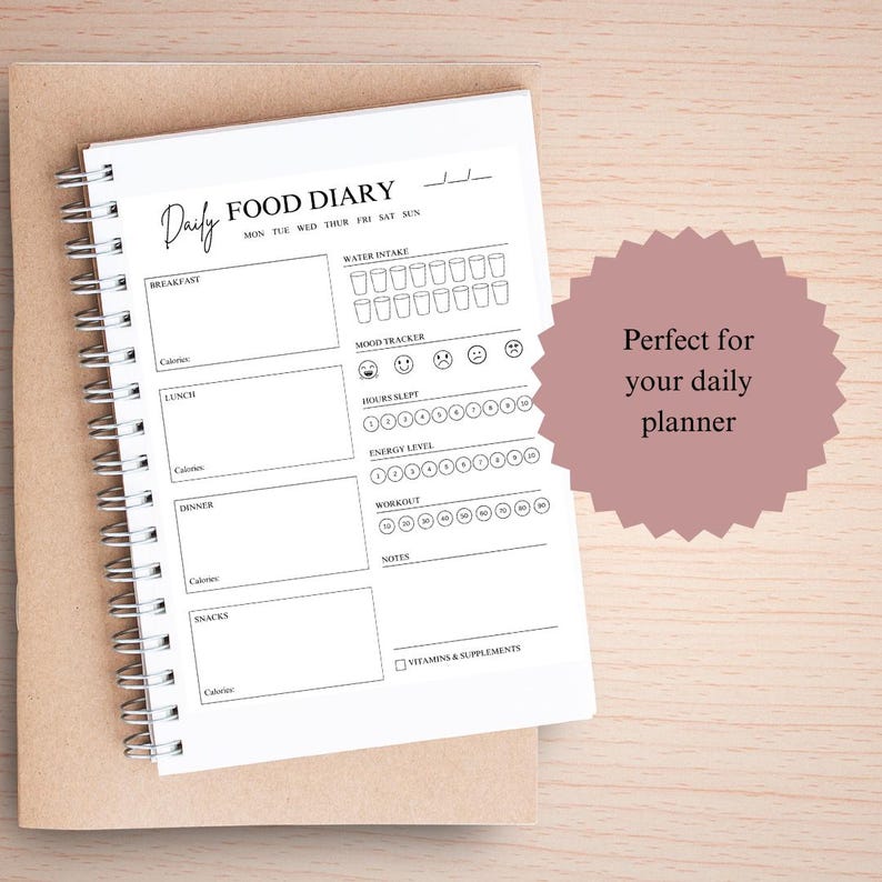 Daily Food Diary Printable, Food Journal, Meal Planner, Vitamin Intake ...