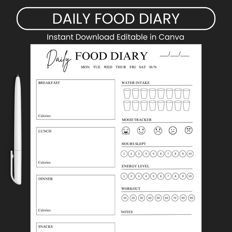 Daily Food Diary Printable, Food Journal, Meal Planner, Vitamin Intake ...