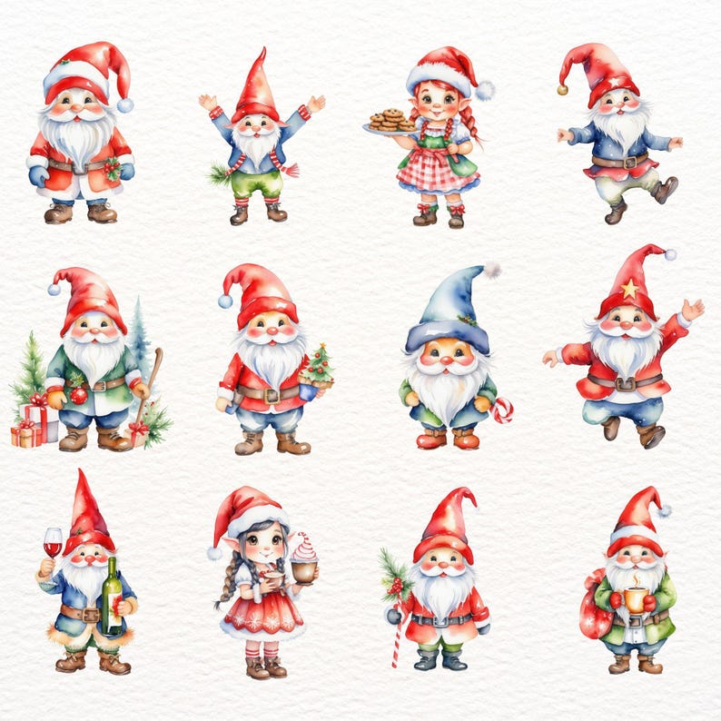 Christmas Gnomes Clipart, Watercolor Santa Gnome PNG, Festive Images ...