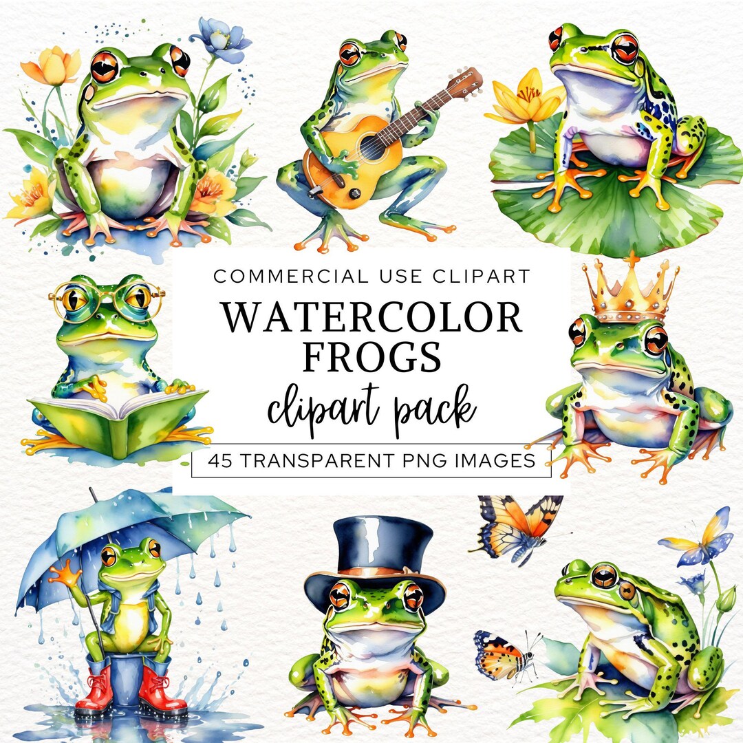Watercolor Frogs Clipart, Cute Green Frog PNG, Funny Toads Clipart ...