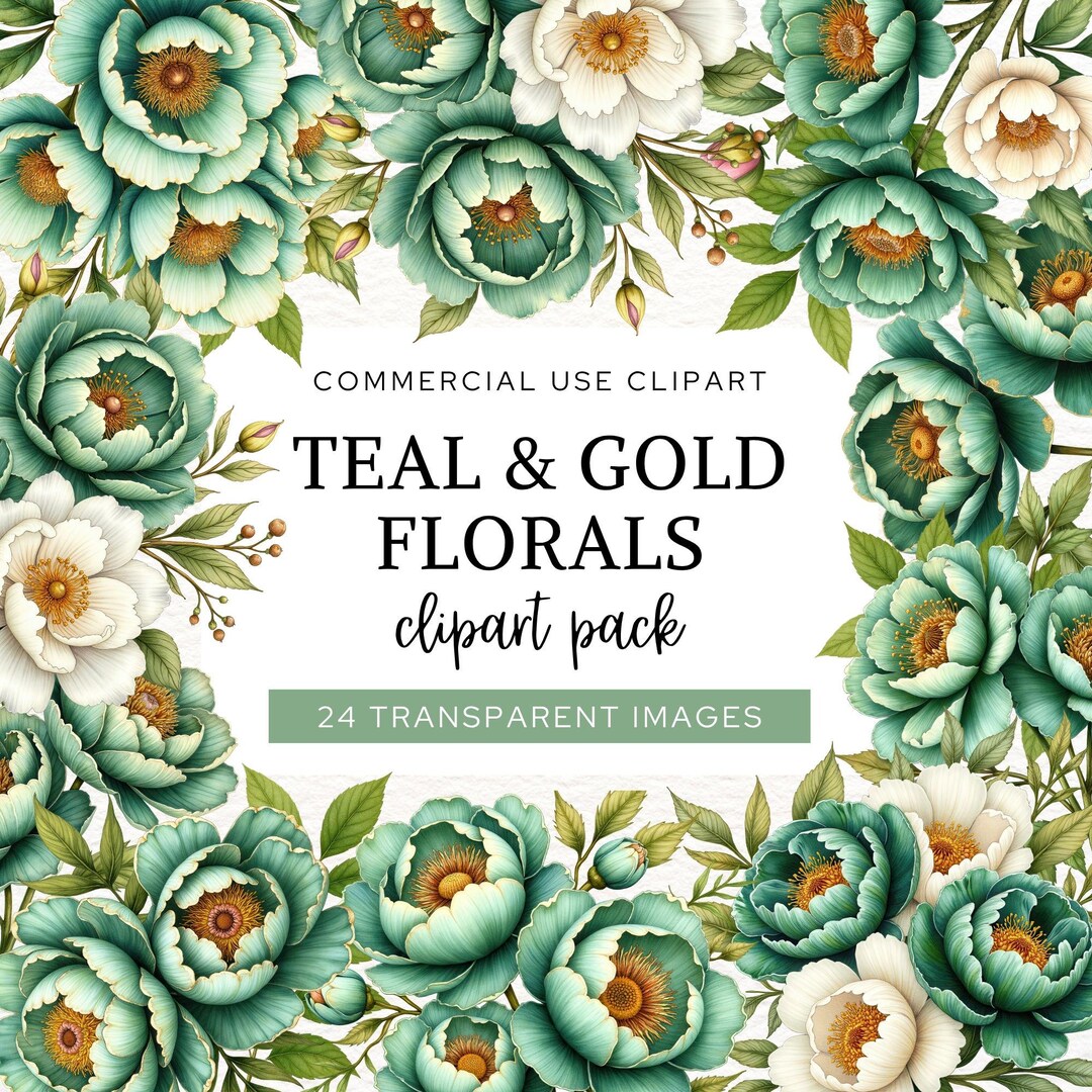 Teal and Gold Floral Clipart, Watercolor Peonies Clip Art, Emerald and ...