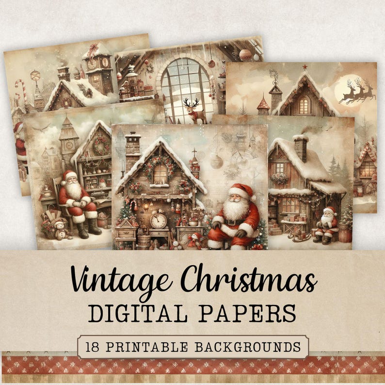 Vintage Christmas Digital Papers, Festive Scrapbook Printable Pages ...