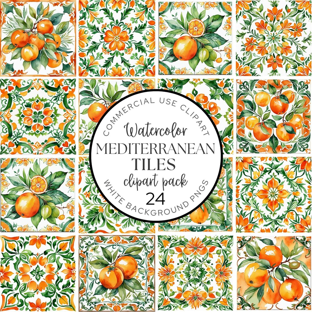 Mediterranean Tiles Clipart, Watercolor Oranges, Portuguese Azulejo ...