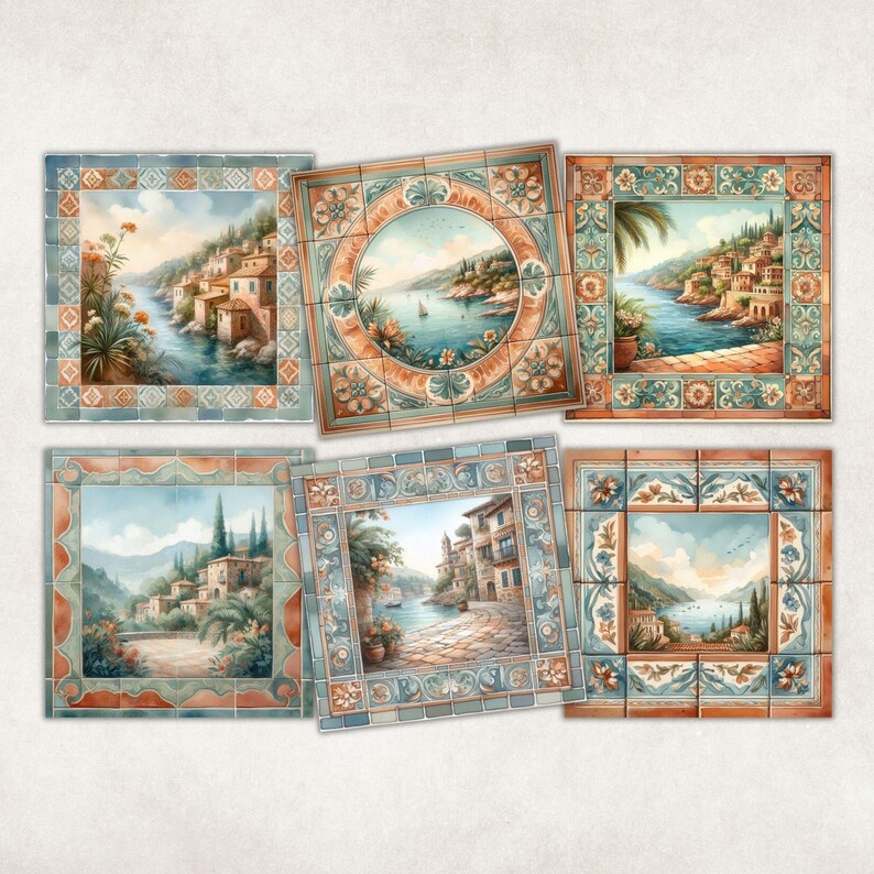 Mediterranean Tile Digital Papers, Watercolor Rustic Tiles, Tuscan ...