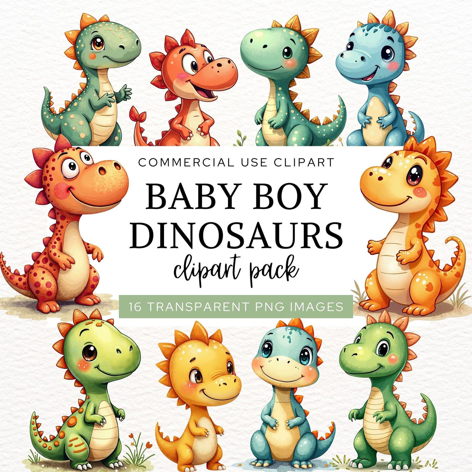 Baby Dinosaur Clipart for Kids, Cute Watercolor Dino Graphics for Baby ...