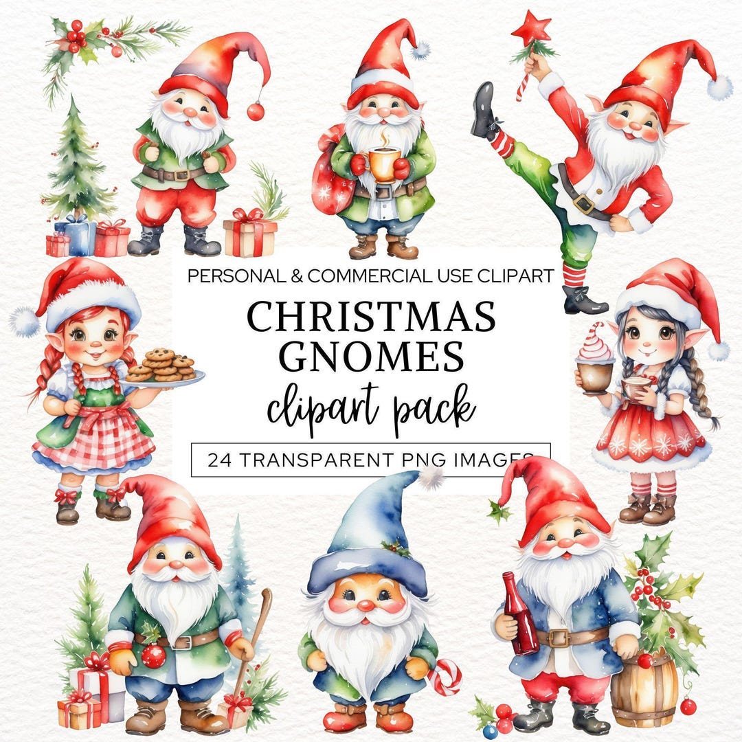 Christmas Gnomes Clipart, Watercolor Santa Gnome PNG, Festive Images ...