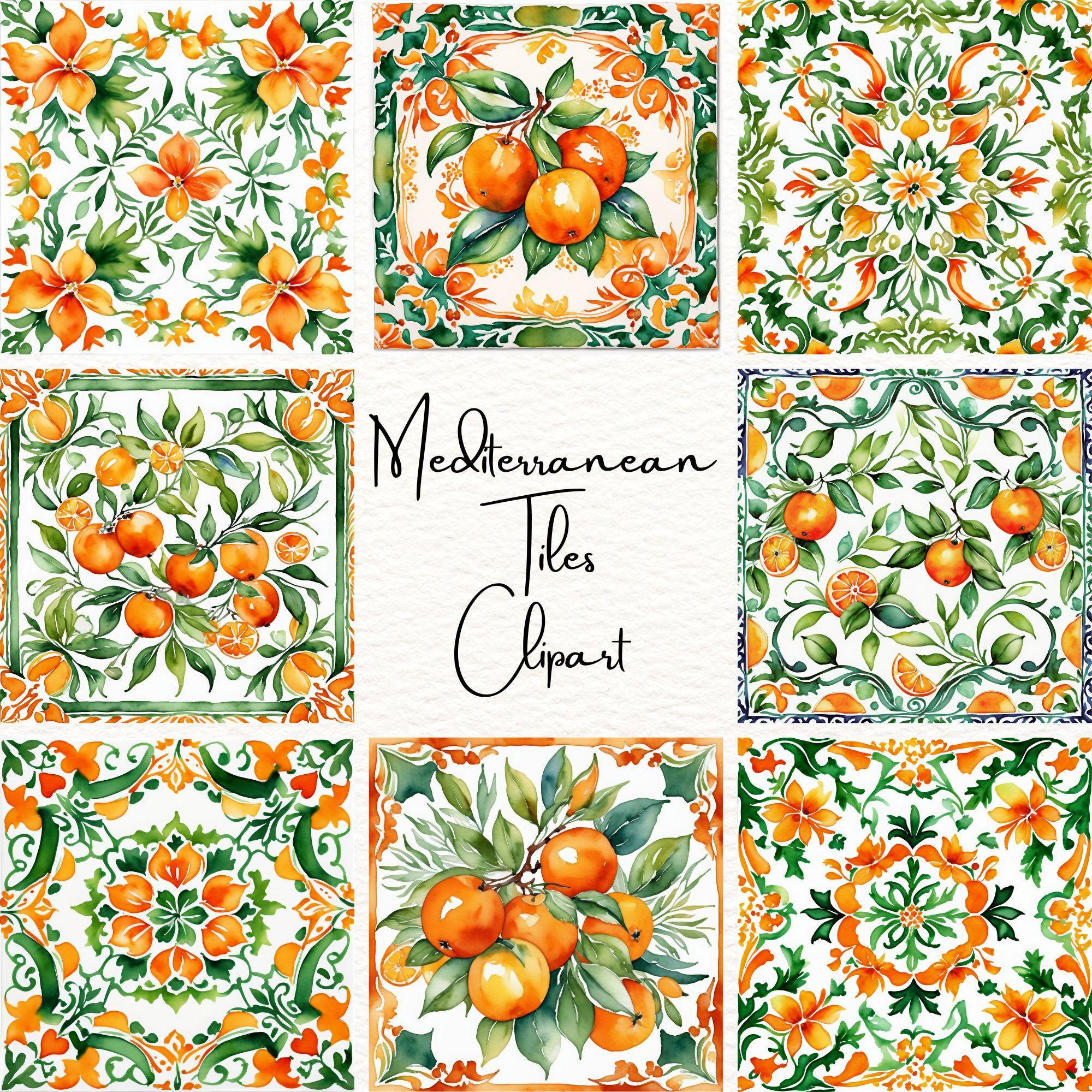 Mediterranean Tiles Clipart, Watercolor Oranges, Portuguese Azulejo ...