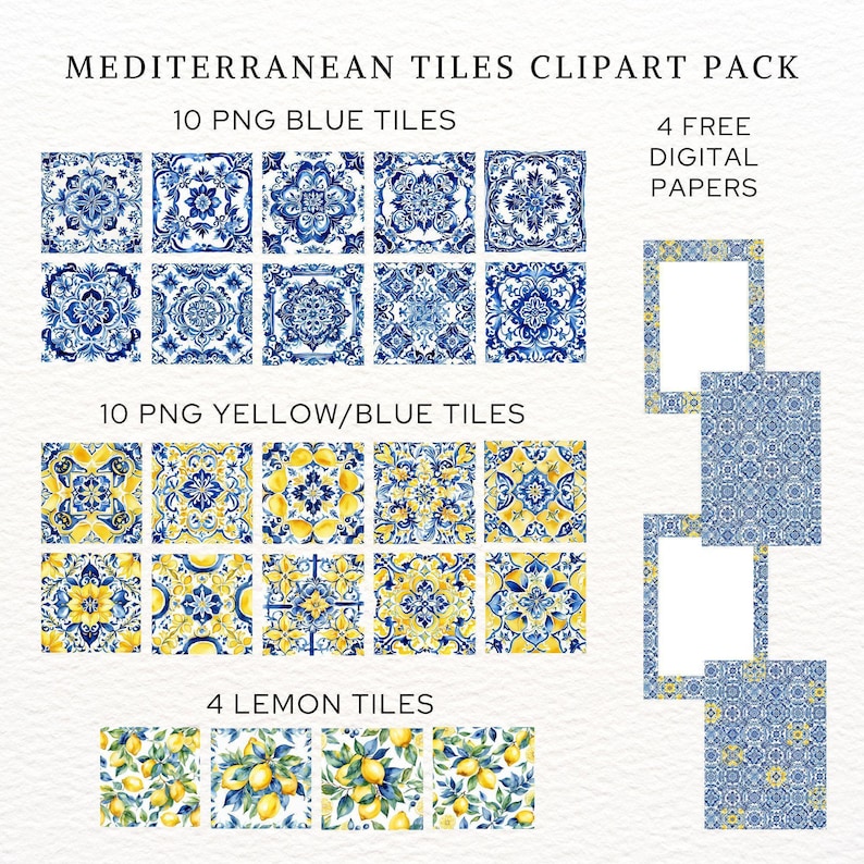 Mediterranean Tiles Clipart Mega Bundle, Watercolor Lemons, Portuguese ...