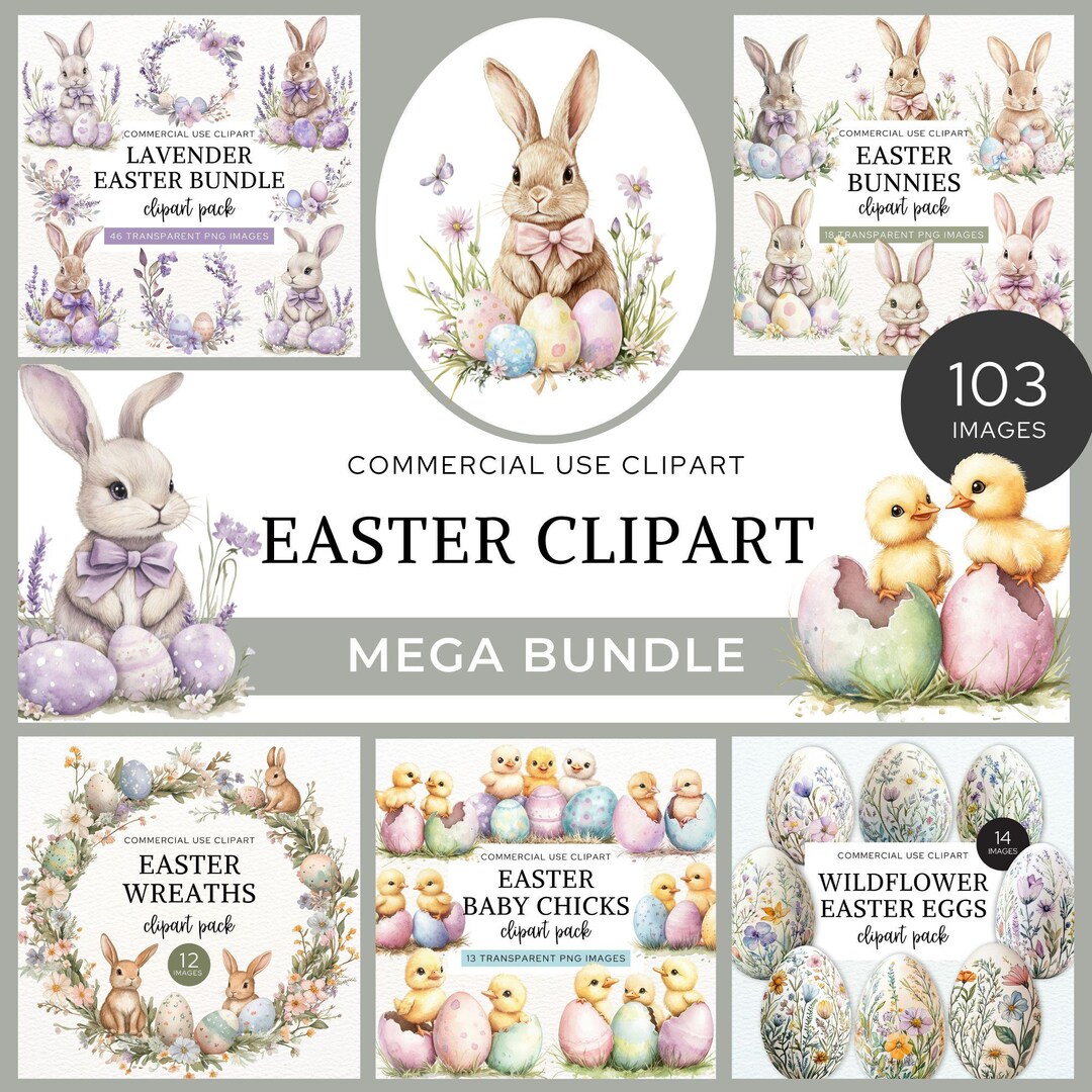 Easter Clipart Mega Bundle, Cute Bunnies and Chicks, Watercolor Bunny ...
