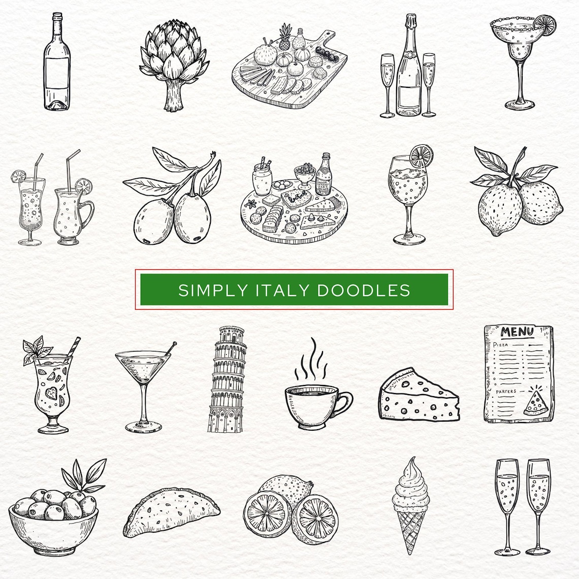 Italian Doodle Clipart, Mediterranean Hand Drawn Line Art, Italian Food ...