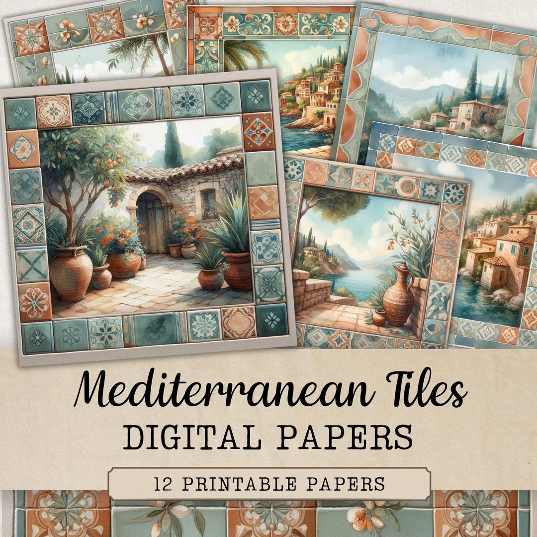 Mediterranean Tile Digital Papers, Watercolor Rustic Tiles, Tuscan ...