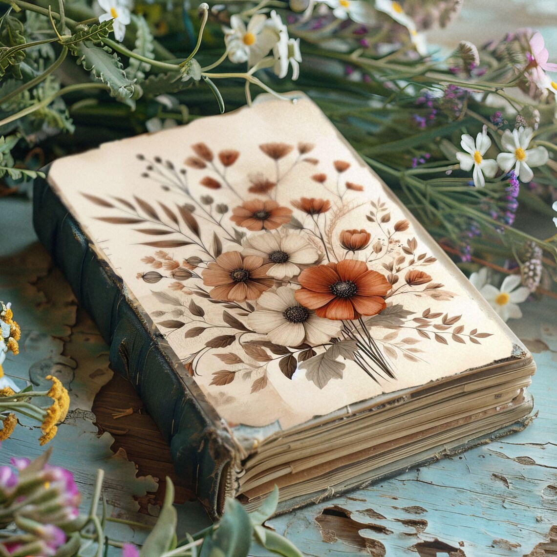 Burnt Orange Floral Digital Papers, Vintage Terracotta Flower Digital ...