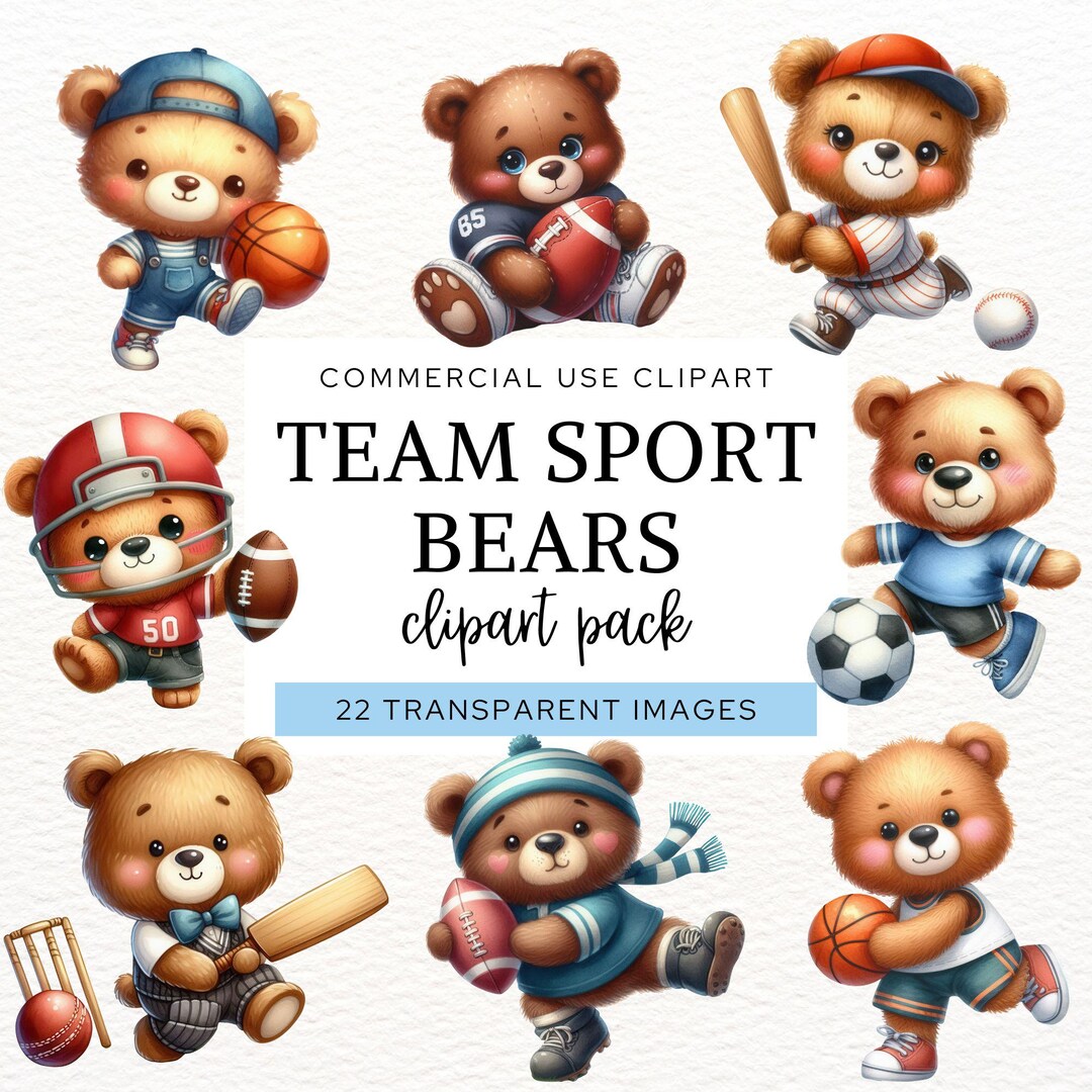 Teddy Bear Team Sports Clipart, Watercolor Bears Playing Baseball ...