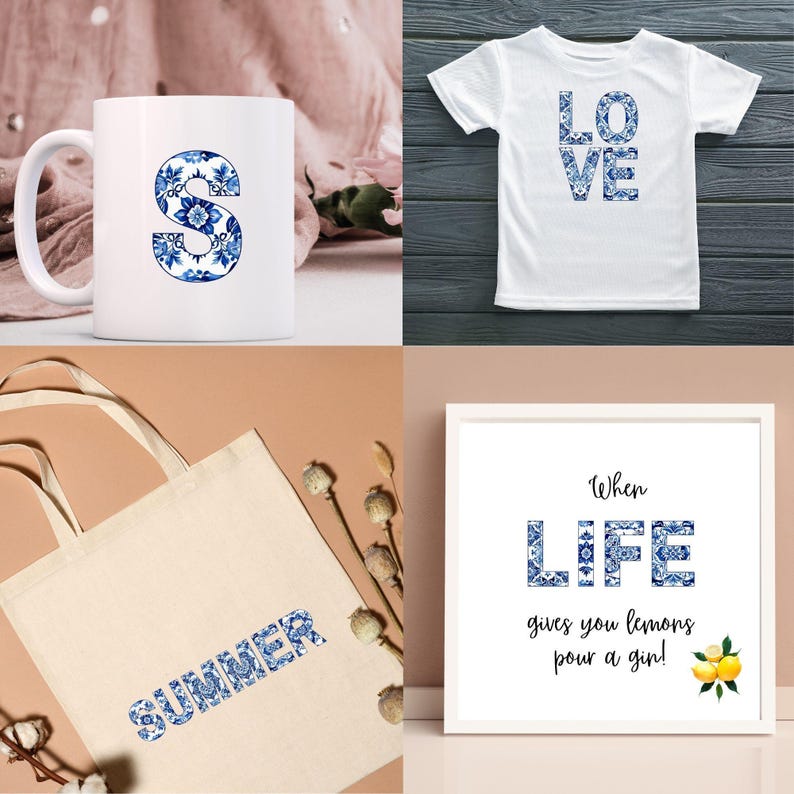 Mediterranean Tiles Alphabet Clipart, Watercolor Blue and White Letters ...