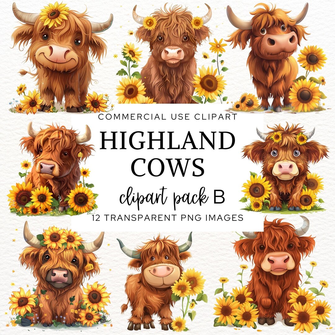 Highland Cows and Sunflowers Clipart, Cute Watercolor Animals Clip Art ...