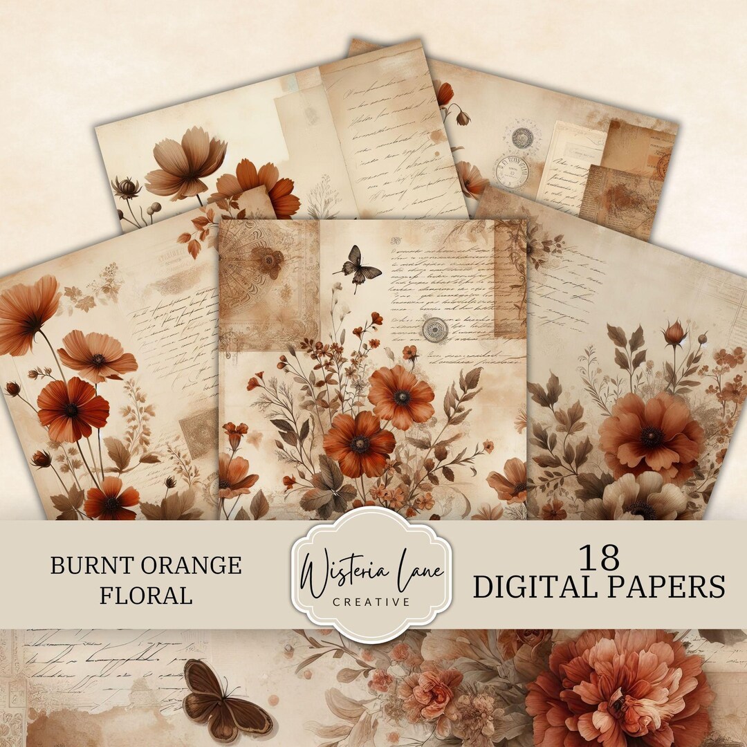 Burnt Orange Floral Digital Papers, Vintage Terracotta Flower Digital ...