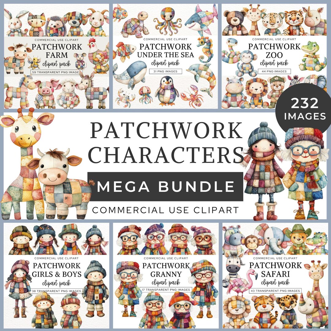 Patchwork Characters Clipart Mega Bundle, Cute Baby Zoo Animals ...