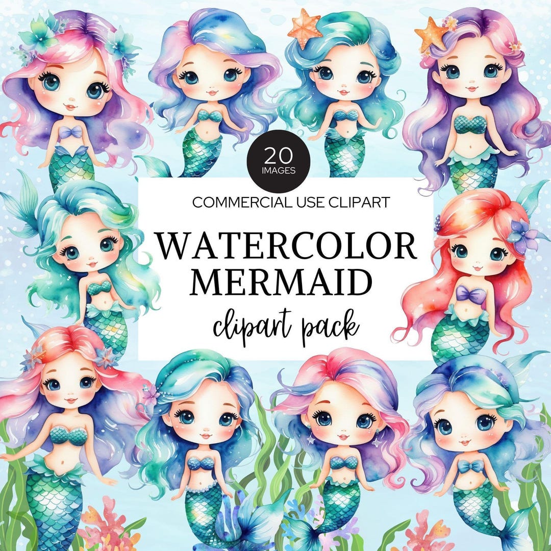 Watercolor Mermaids Clipart, Girl's Birthday Party Decor, Mermaid ...