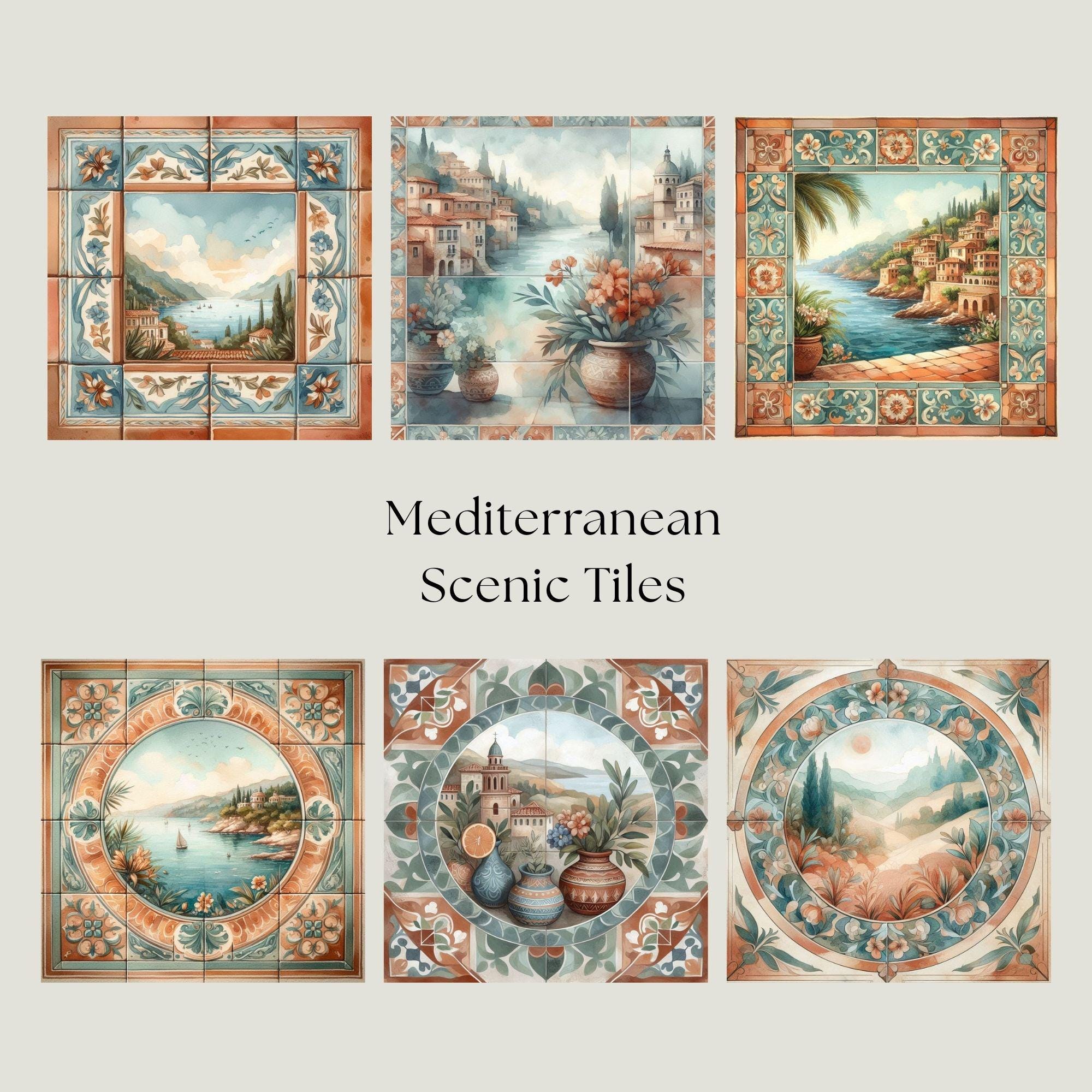 Mediterranean Tile Digital Papers, Watercolor Rustic Tiles, Tuscan ...