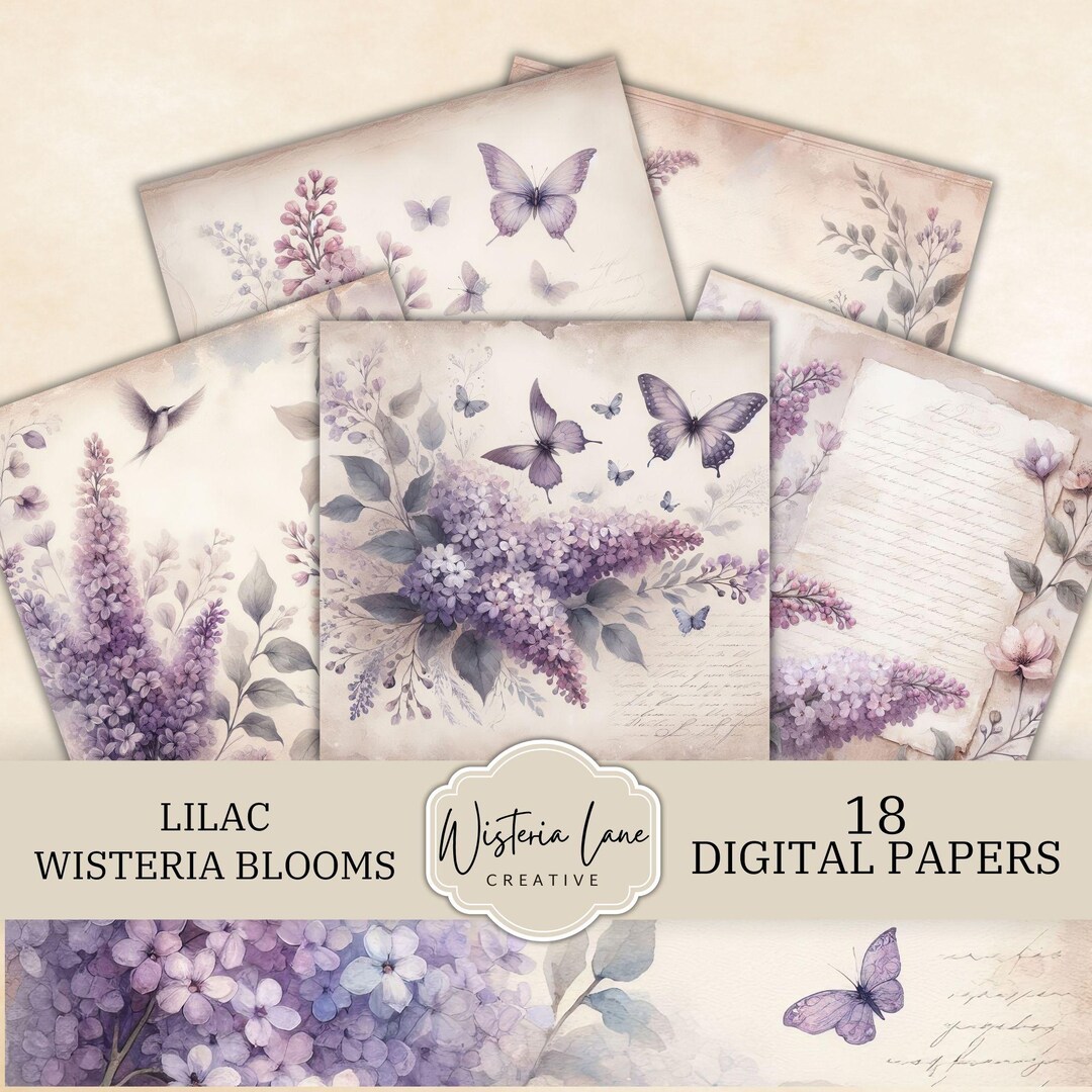 Lilac Wisteria Blooms Digital Papers, Purple Flower Backgrounds ...
