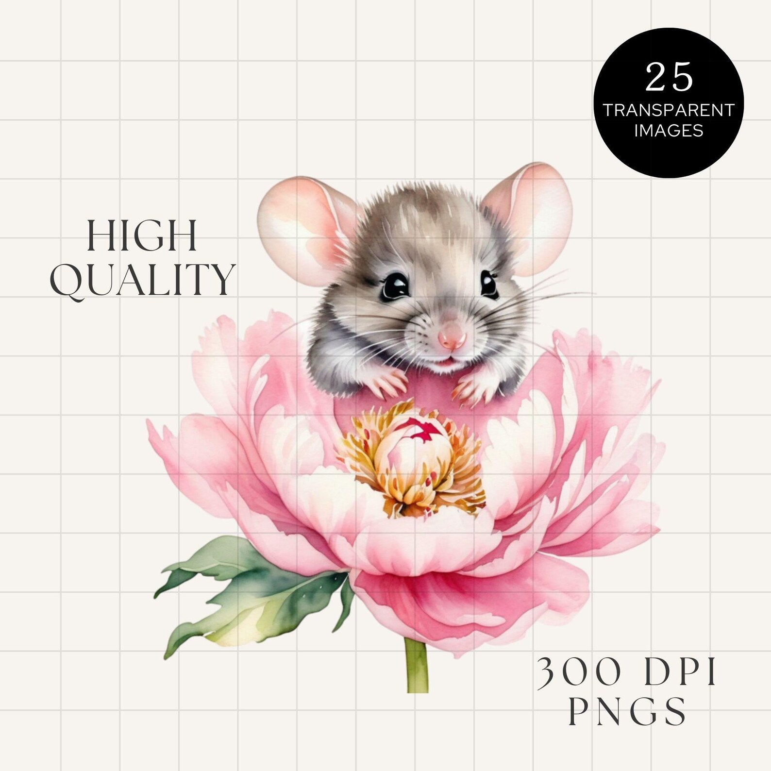 Watercolor Peony Mouse Clipart, Nursery Decor, Cute Mouse, Kids Room ...