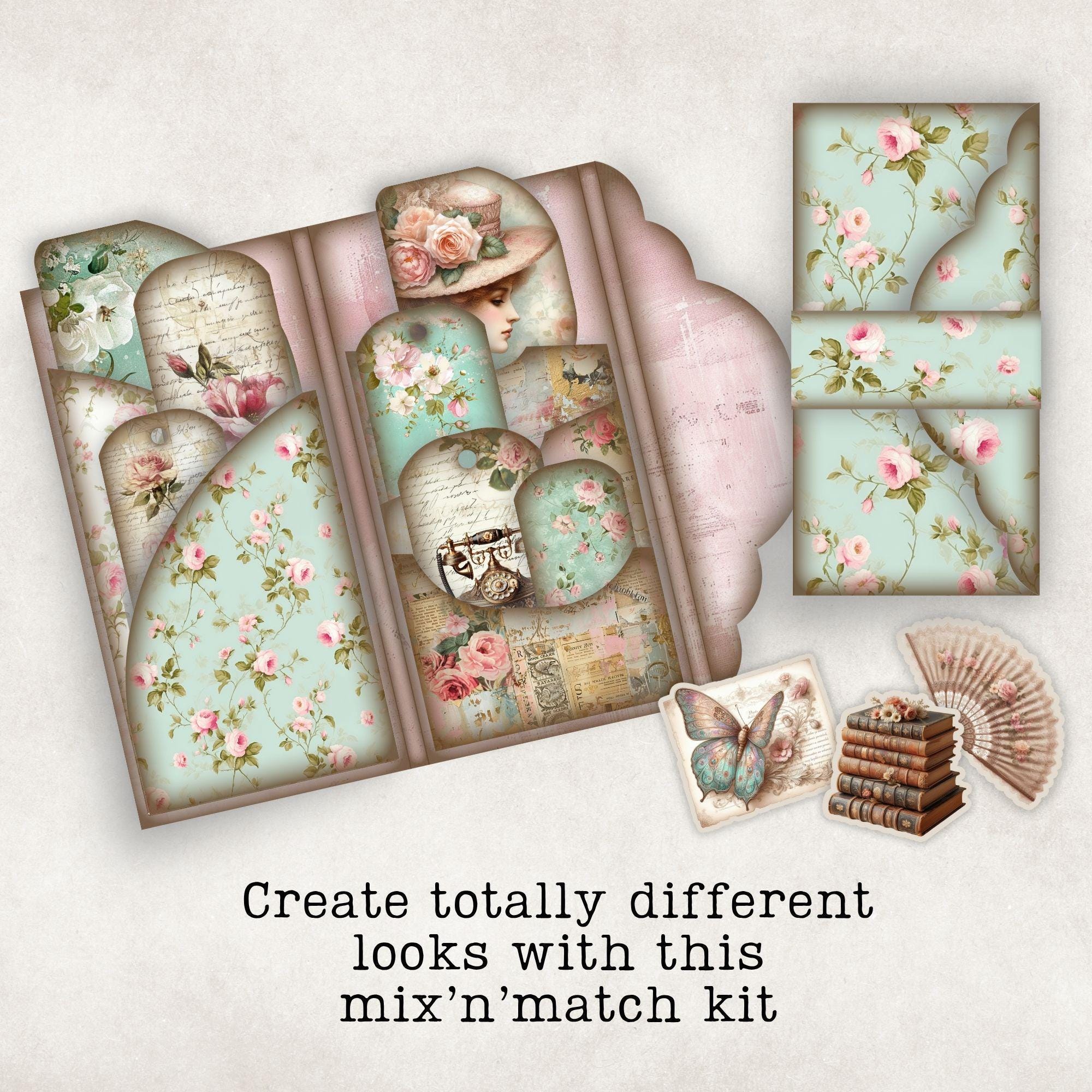 Victorian Rose Folio Kit, Junk Journal Folding Folio, Printable Vintage ...