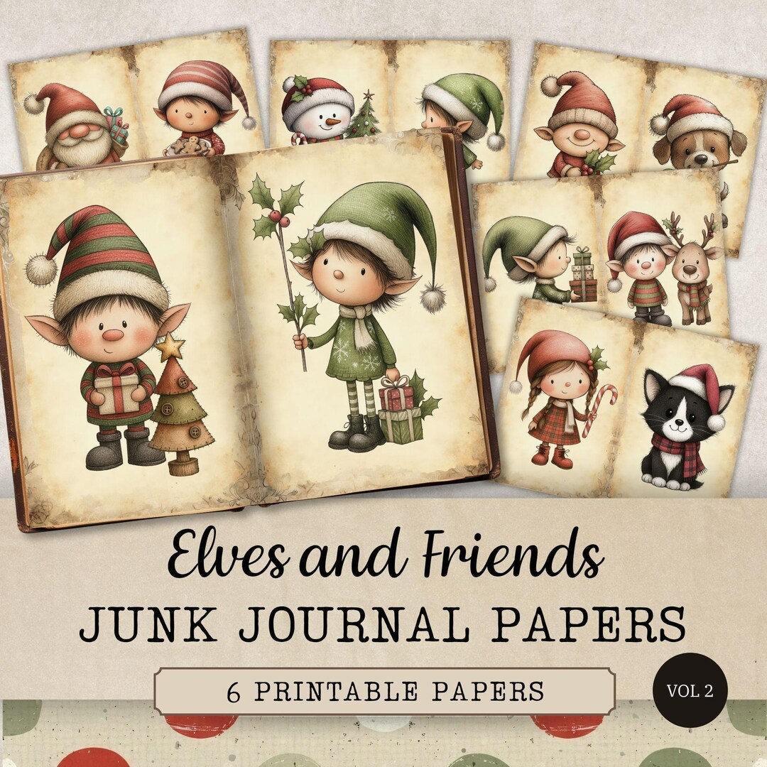 Christmas Elf Printable Junk Journal Papers, Holiday Festive Elves ...