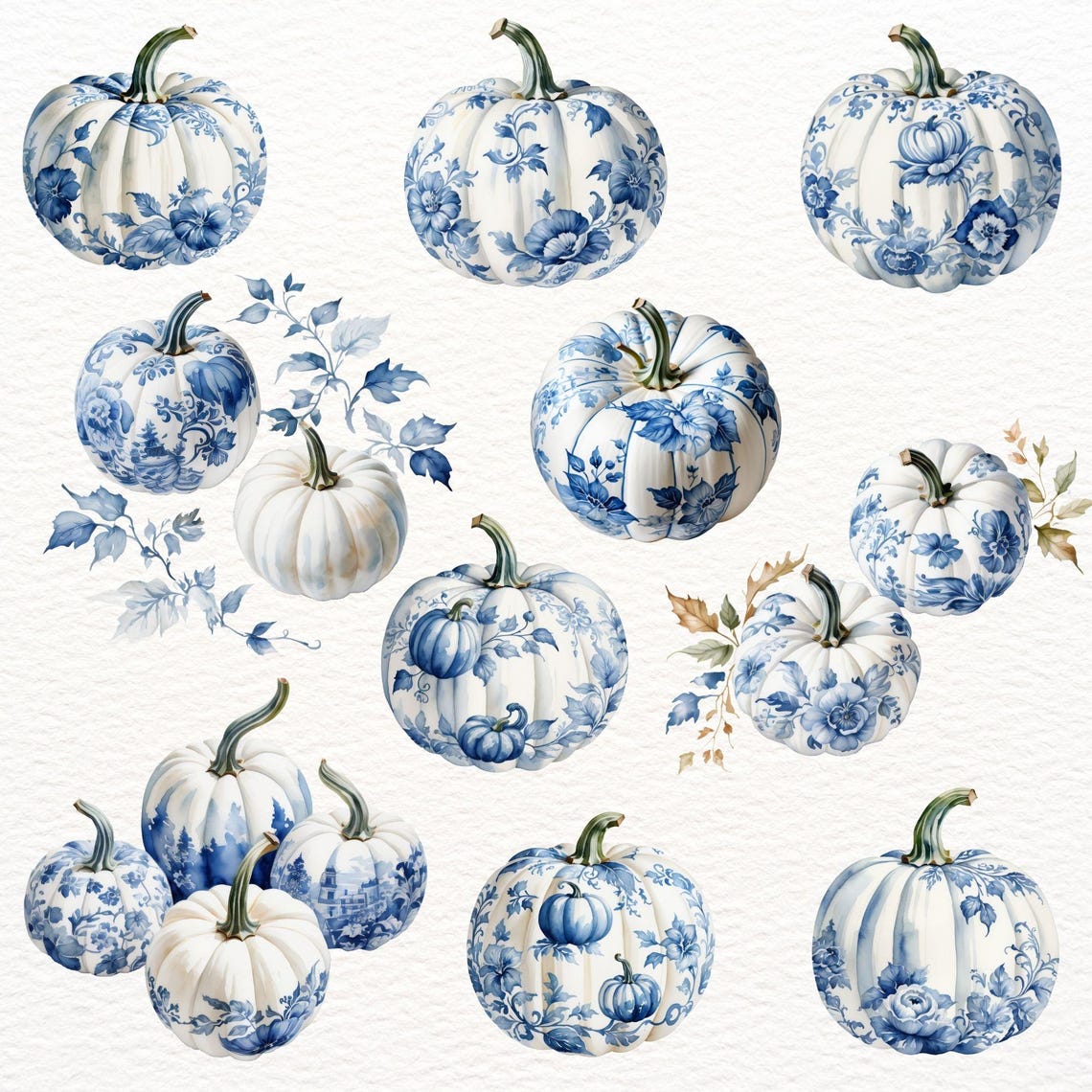 Vintage Toile Pumpkins Clipart, Blue & White Toile De Jouy Designs ...