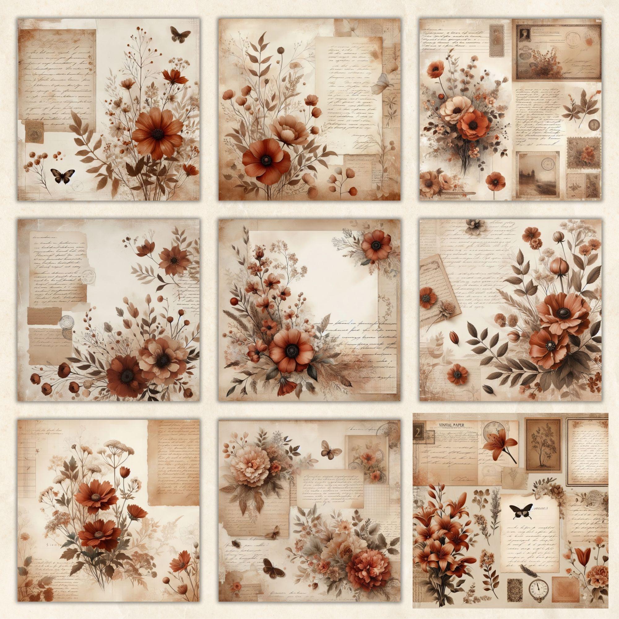 Burnt Orange Floral Digital Papers, Vintage Terracotta Flower Digital ...