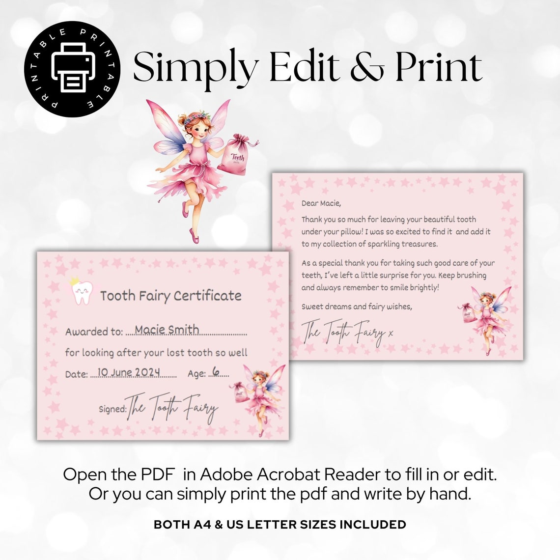 Editable Pink Tooth Fairy Mini Set With Envelope, Printable Certificate ...