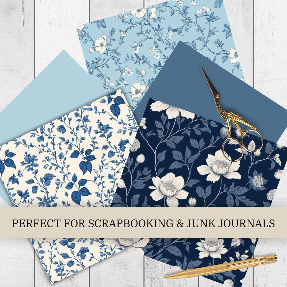 French Cottage Blue Floral Digital Paper, Vintage Botanical ...