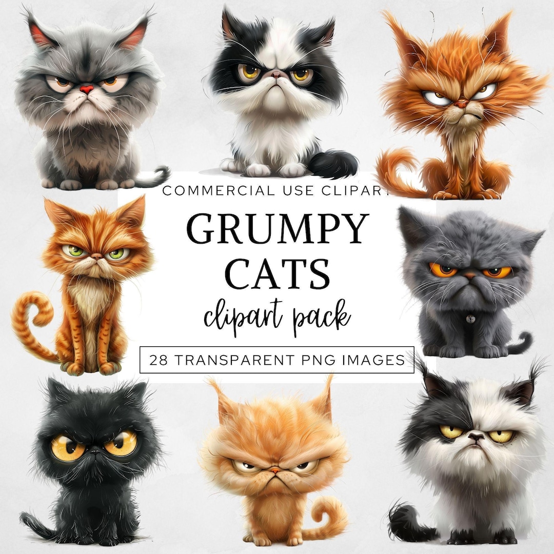 Grumpy Cats Clipart, Quirky Cats Clip Art, Watercolor Crazy Cats Png ...