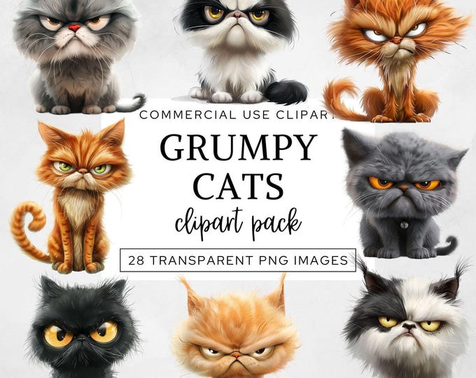 Digital Cats Clipart, Quirky Funny Grumpy Cat Clipart, Printable ...