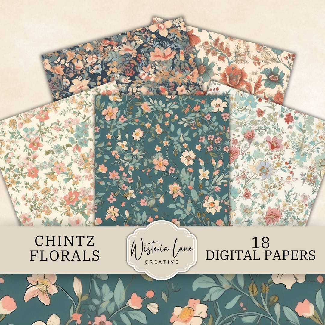 Chintz Floral Patterned Digital Papers, Grandmillennial Style Scrapbooking Kit, Vintage-inspired ...