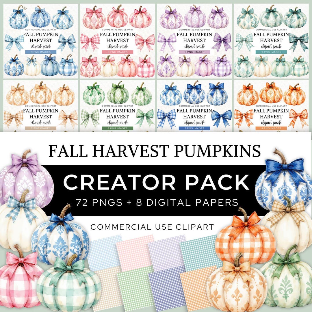 Fall Clipart Bundle Creator Pack, Colorful Pumpkins and Bows Graphics ...