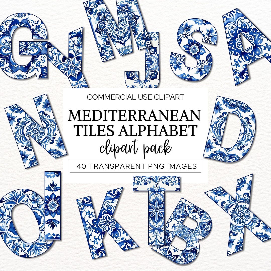 Mediterranean Tiles Alphabet Clipart, Watercolor Blue and White Letters ...