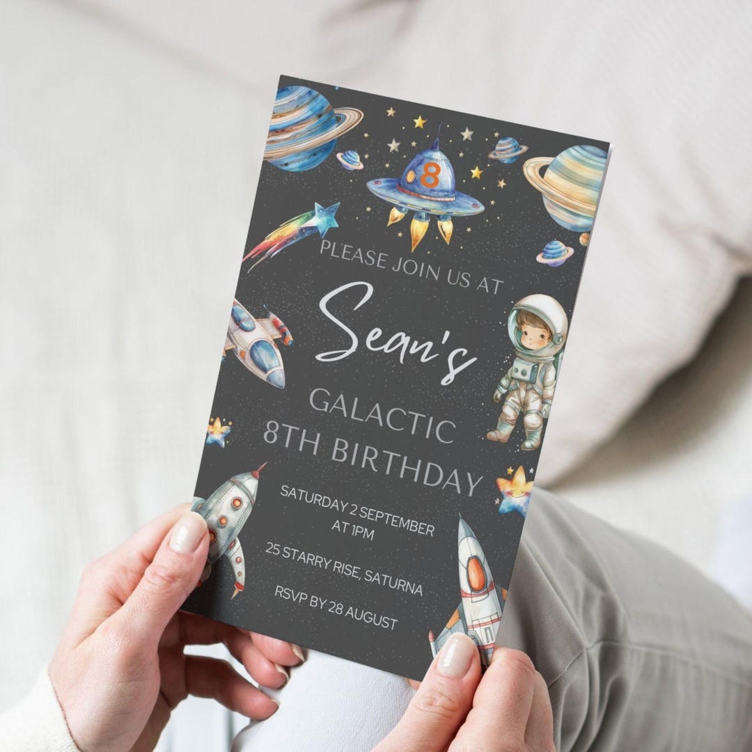 Galaxy 8th Birthday Party Invitation, Editable Space Rocket Invite ...