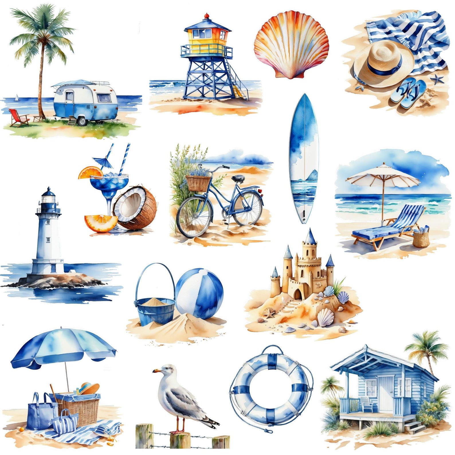 Summer Beach Clipart, Seaside Vacation PNG, Watercolor Nautical ...