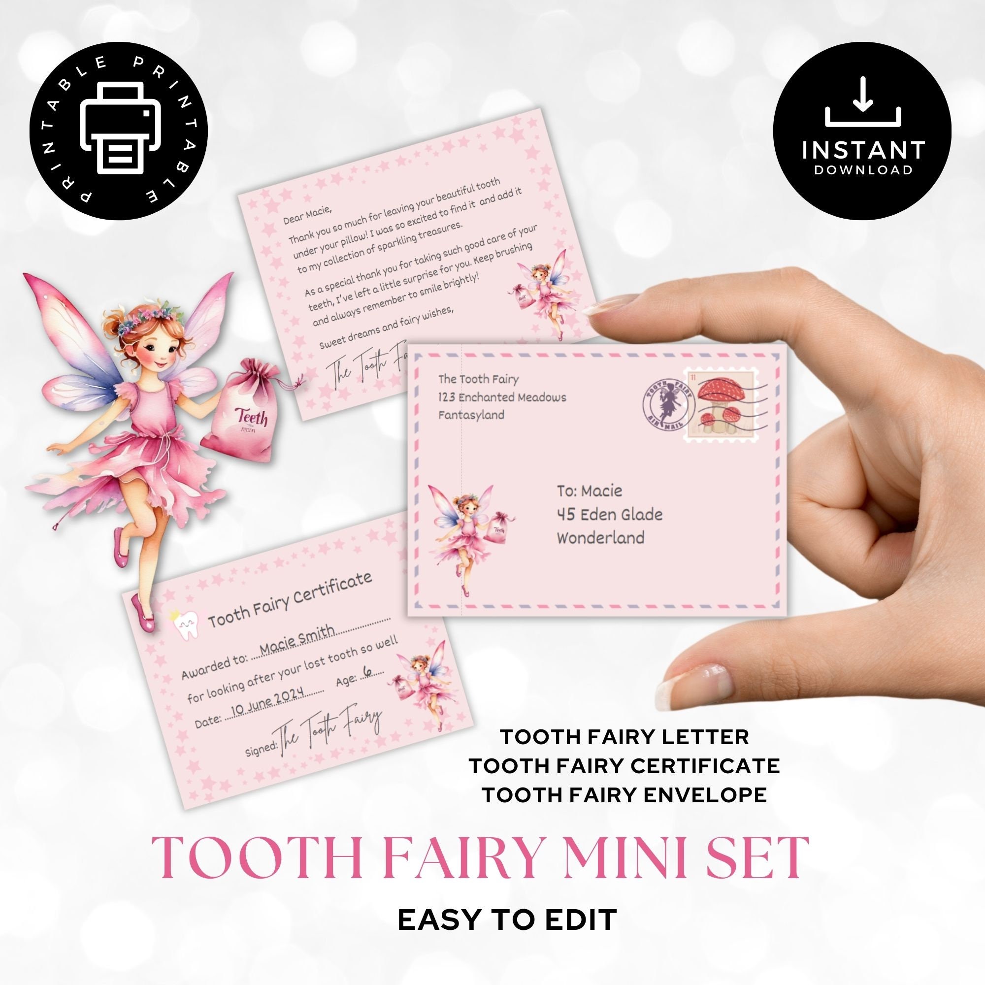 Editable Pink Tooth Fairy Mini Set With Envelope, Printable Certificate ...
