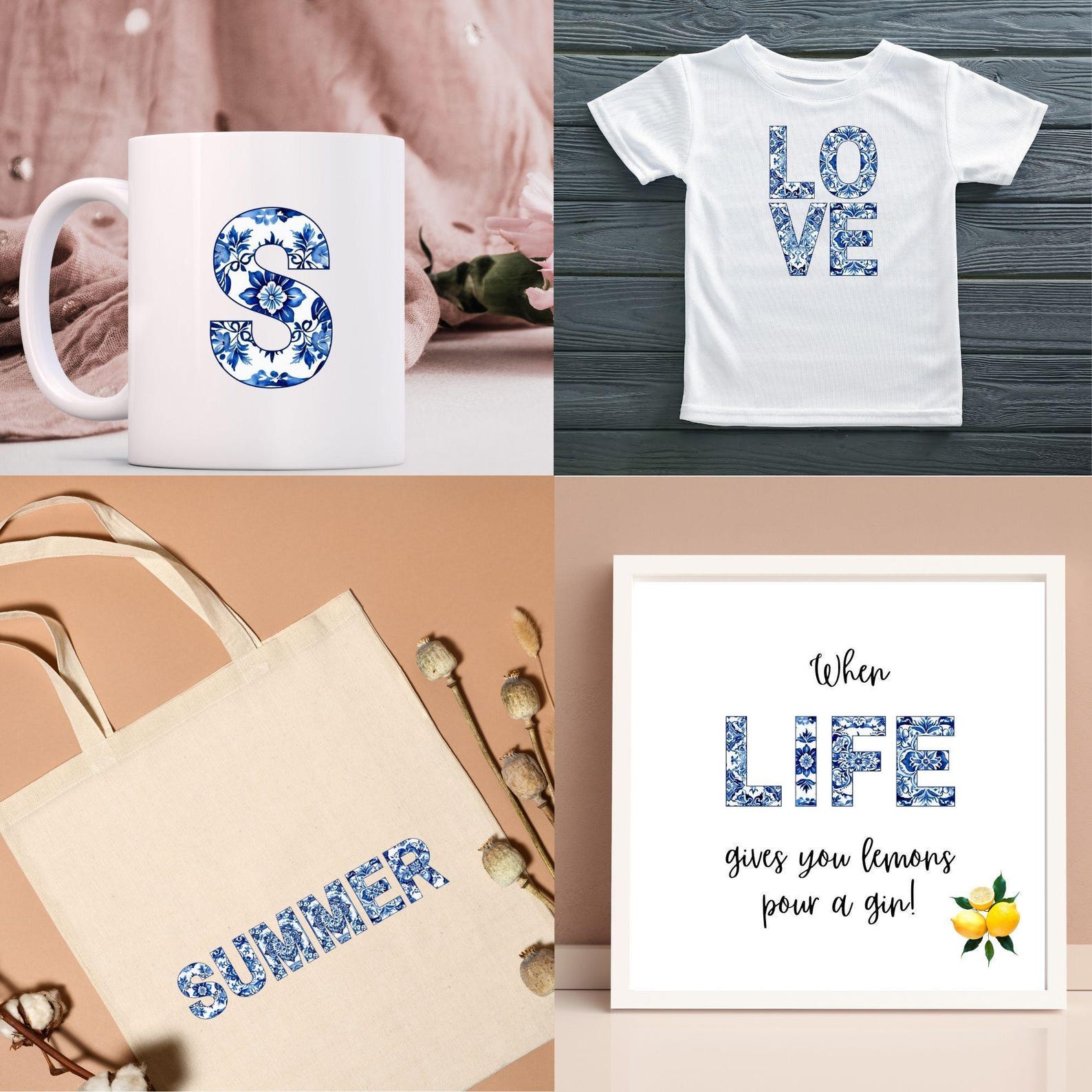 Mediterranean Tiles Alphabet Clipart, Watercolor Blue and White Letters ...